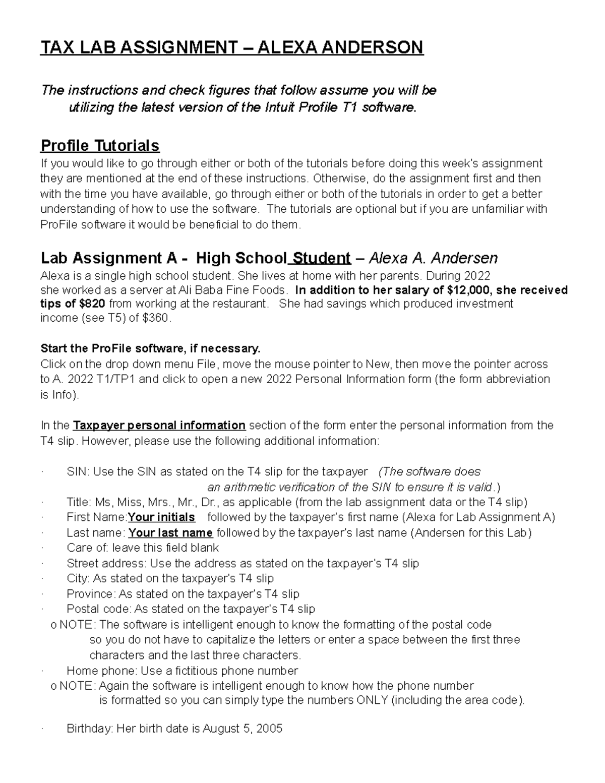 TAX LAB Alexa Andersen W2023 - TAX LAB ASSIGNMENT – ALEXA ANDERSON The ...