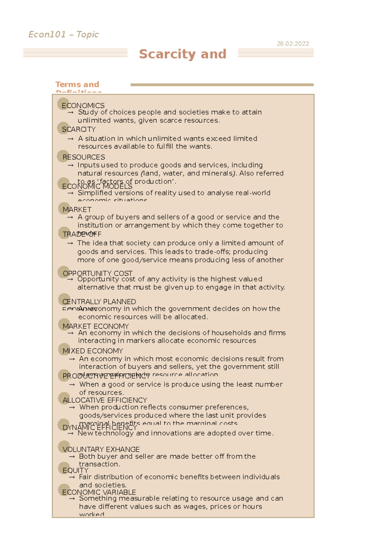 Topic 1 - Scarcity and Choice - Econ101 – Topic Scarcity and Terms and ...