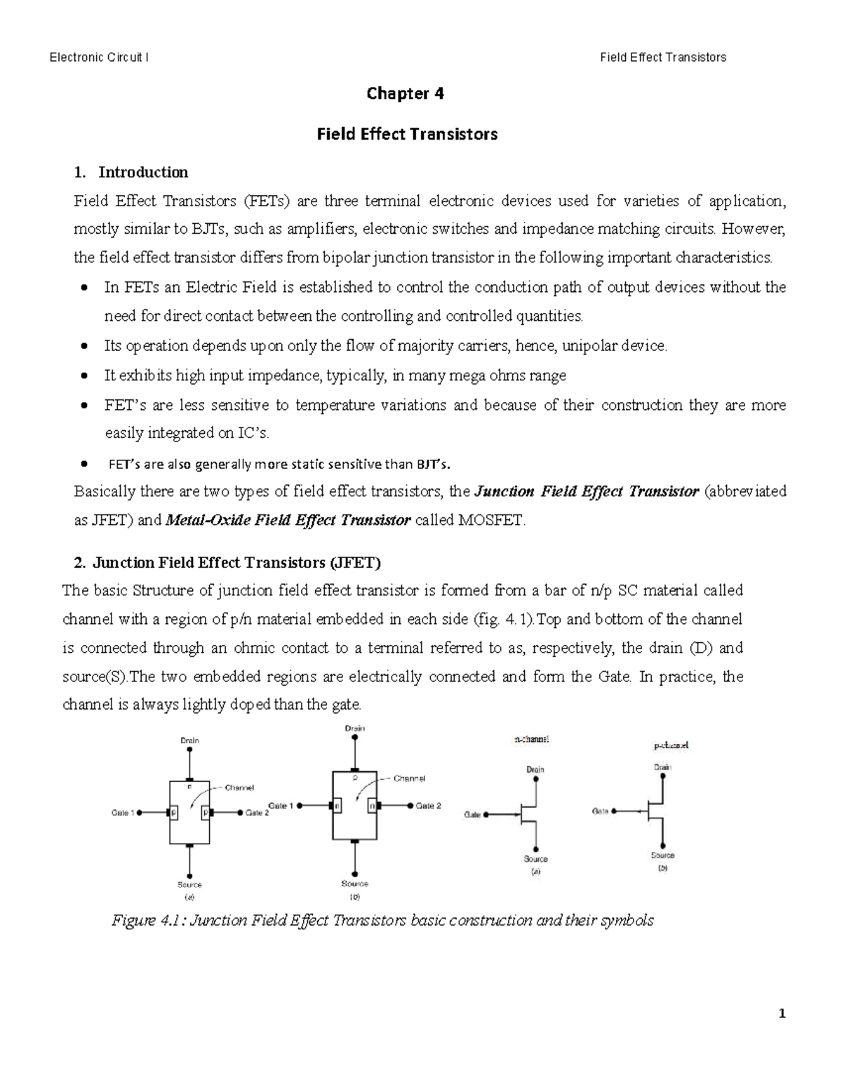 Chapter 4 electronic - Chapter 4 Field Effect Transistors Introduction Field Effect Transistors ...