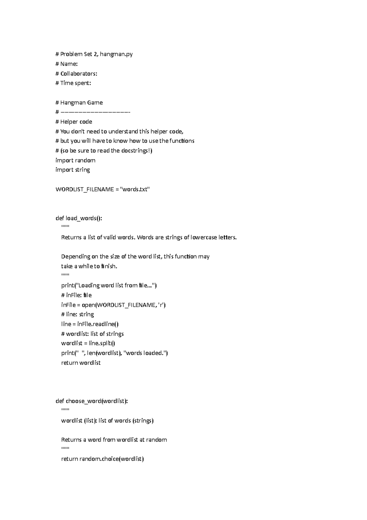 MIT 6.0001 Python PSet2 Hangman - Problem Set 2, hangman Name ...