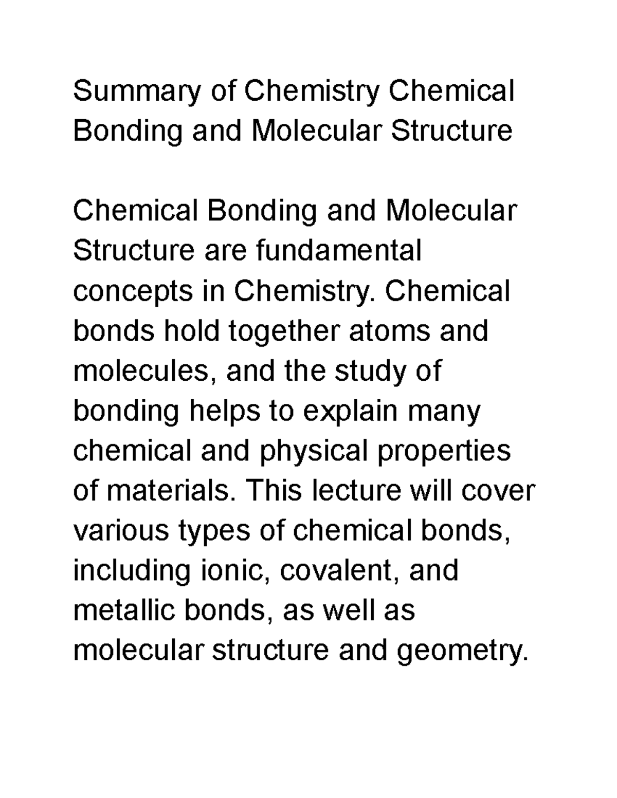 Summary of Chemistry Chemical Bonding and Molecular Structure - Google ...