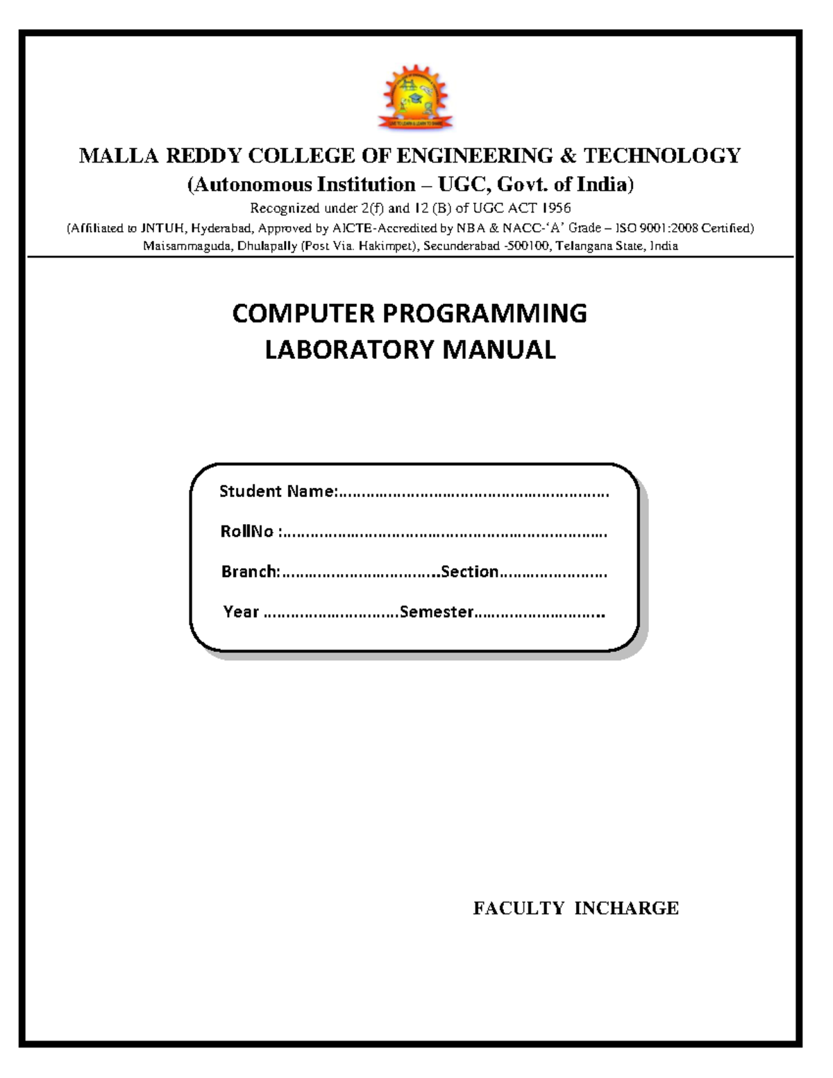 Cp Manual final - c programming - MALLA REDDY COLLEGE OF ENGINEERING ...
