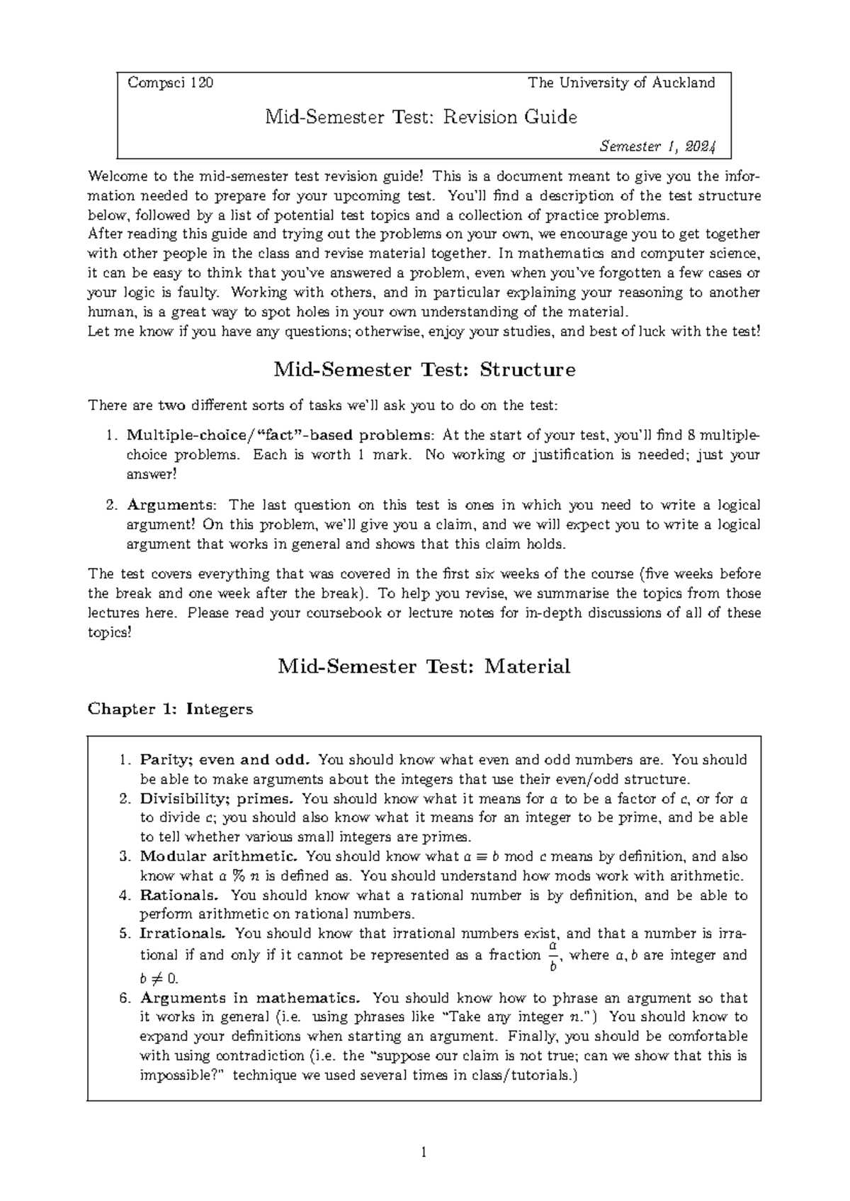 Test revision notes - Compsci 120 The University of Auckland Mid ...