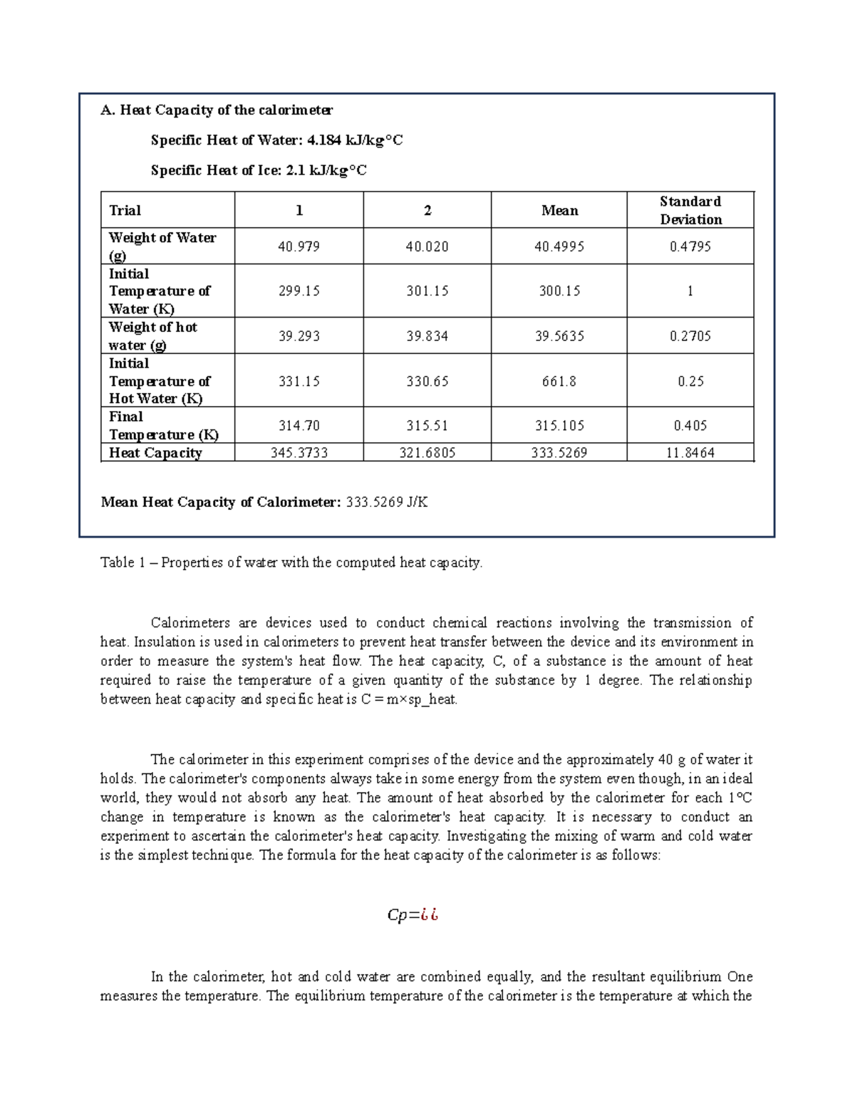 RAD H2O - A. Heat Capacity of the calorimeter Specific Heat of Water: 4 ...