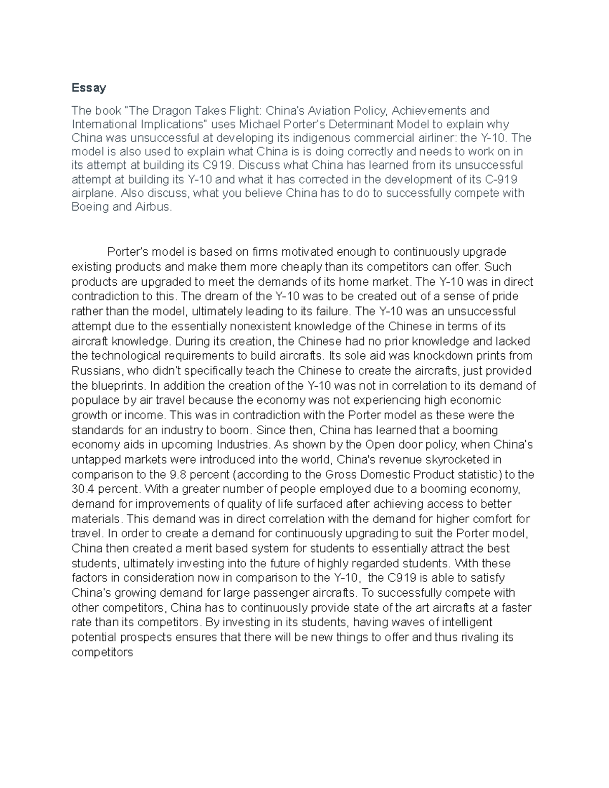 STS Exam 3 Essay - Essay The book “The Dragon Takes Flight: China’s ...