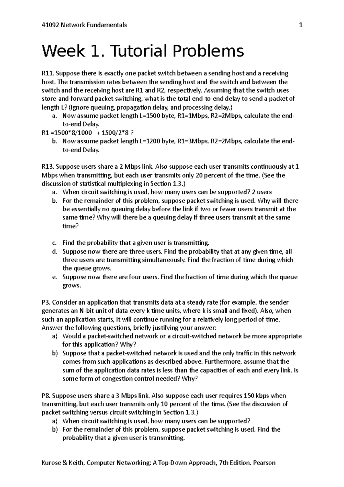 Week1 Tutorial Problem Attempt 41092 Network Fundamentals Week 1 Tutorial Problems R11