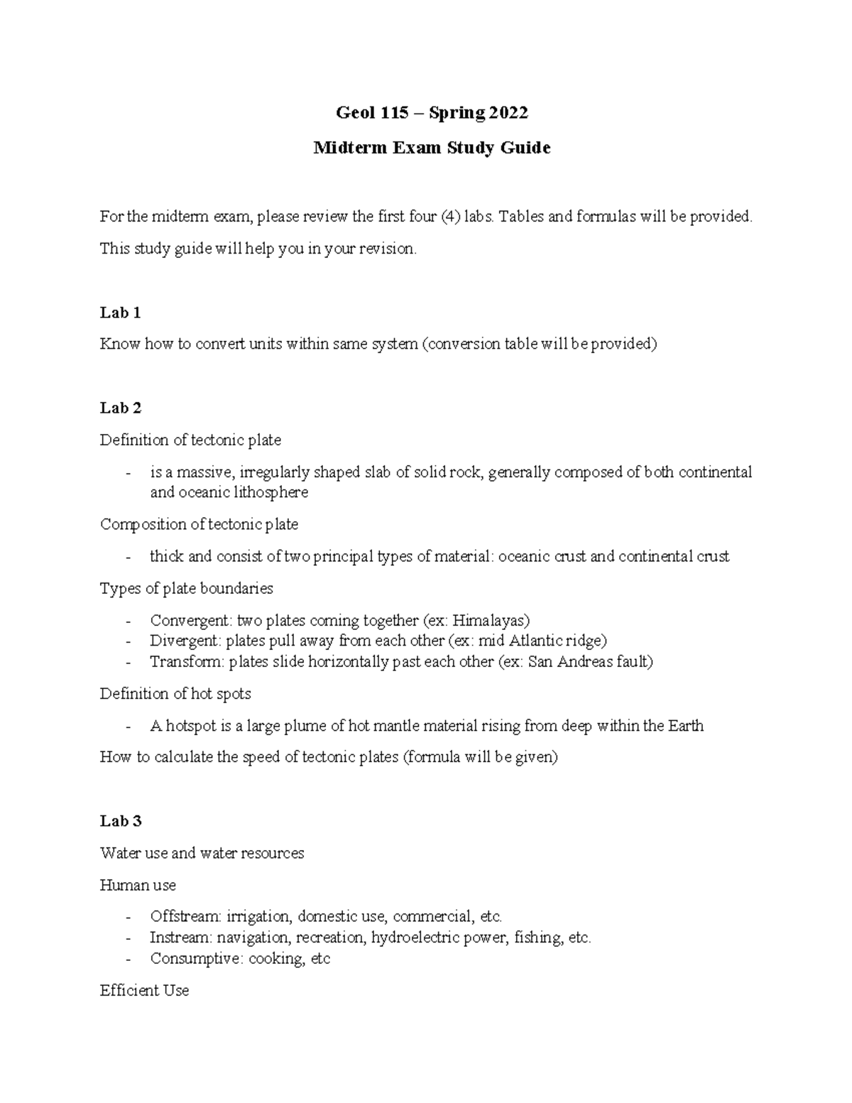 Geol 115 -Midterm Exam study guide - Geol 115 – Spring 2022 Midterm Exam Study Guide For the ...