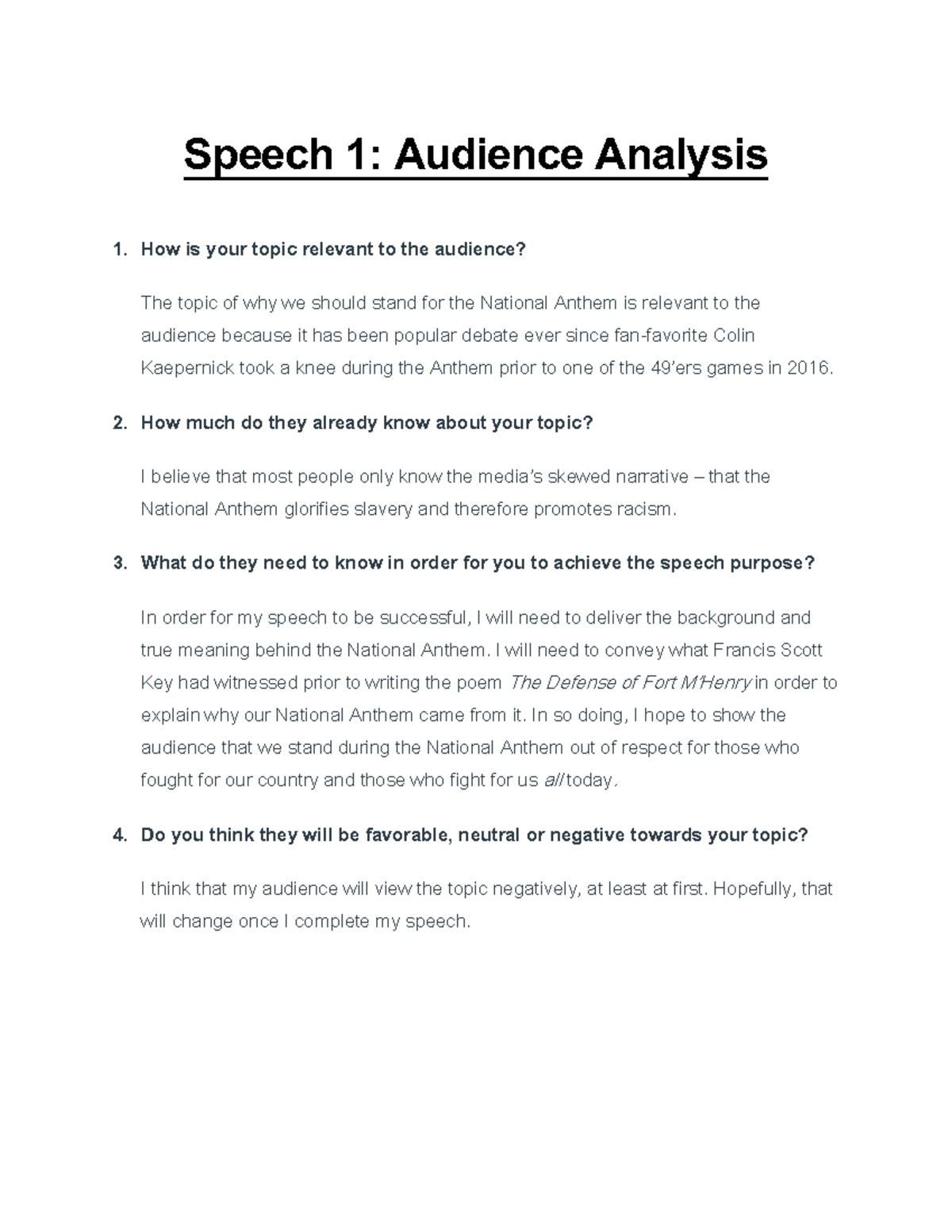 Audience Analysis re Traditions Speech: Standing for the National ...