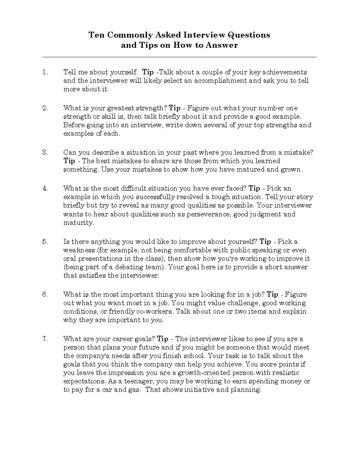 Common Interview Questions - Ten Commonly Asked Interview Questions and ...