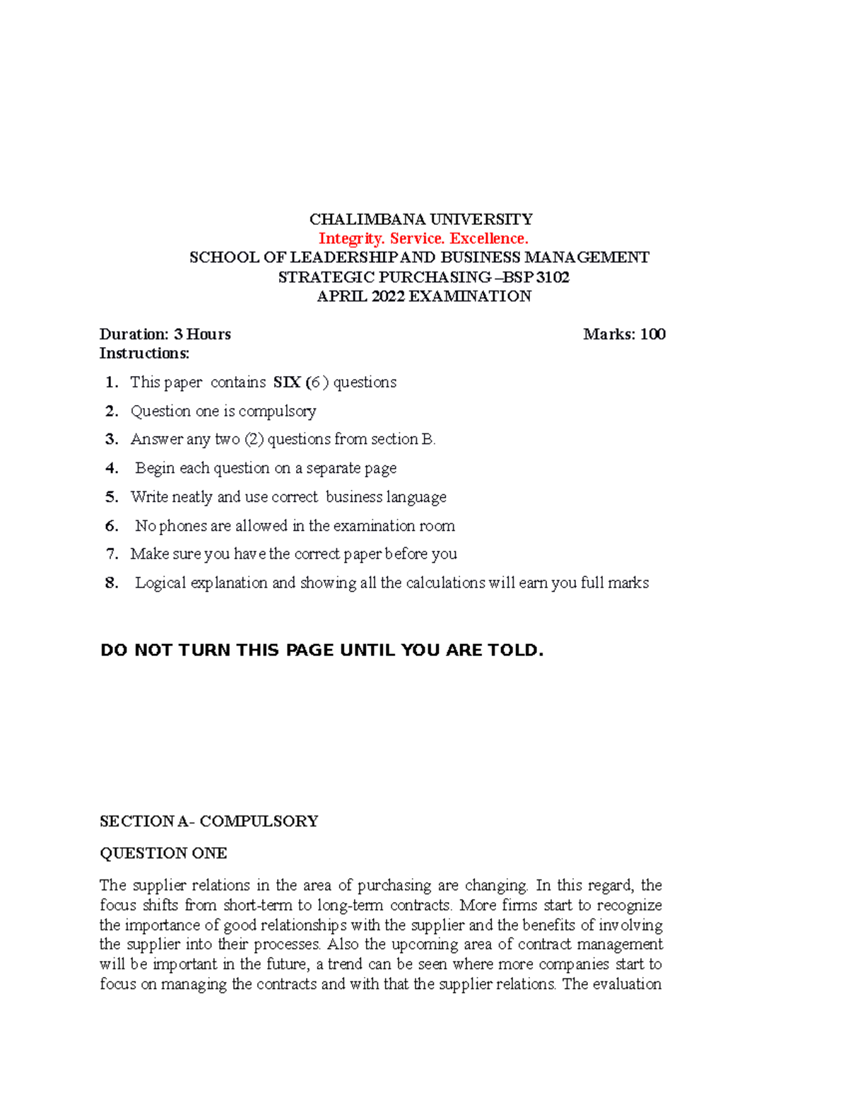 Strategic Purchasing –BSP 2102 EXAM - CHALIMBANA UNIVERSITY Integrity ...