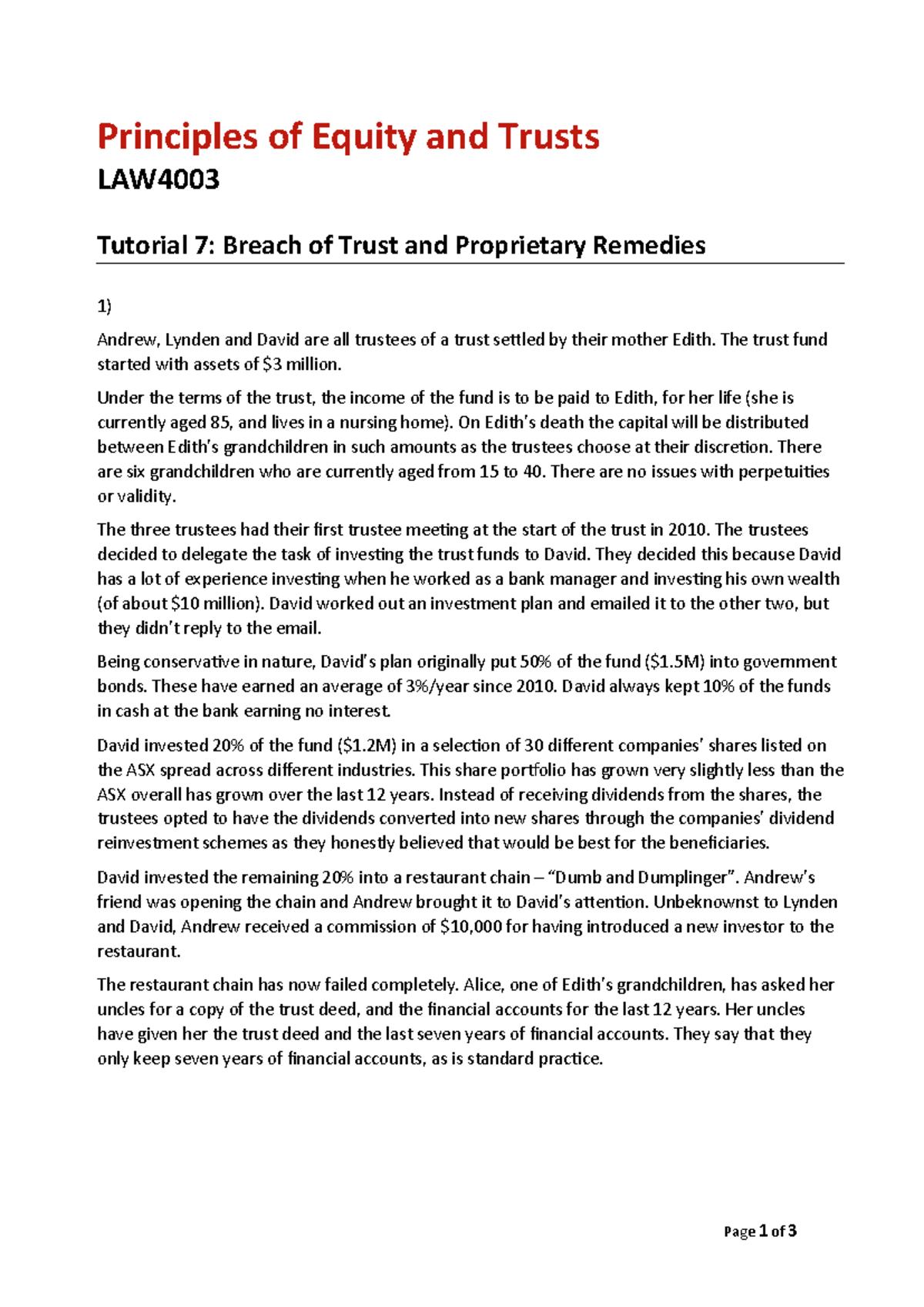 Week 7 answers - Principles of Equity and Trusts LAW Tutorial 7: Breach ...