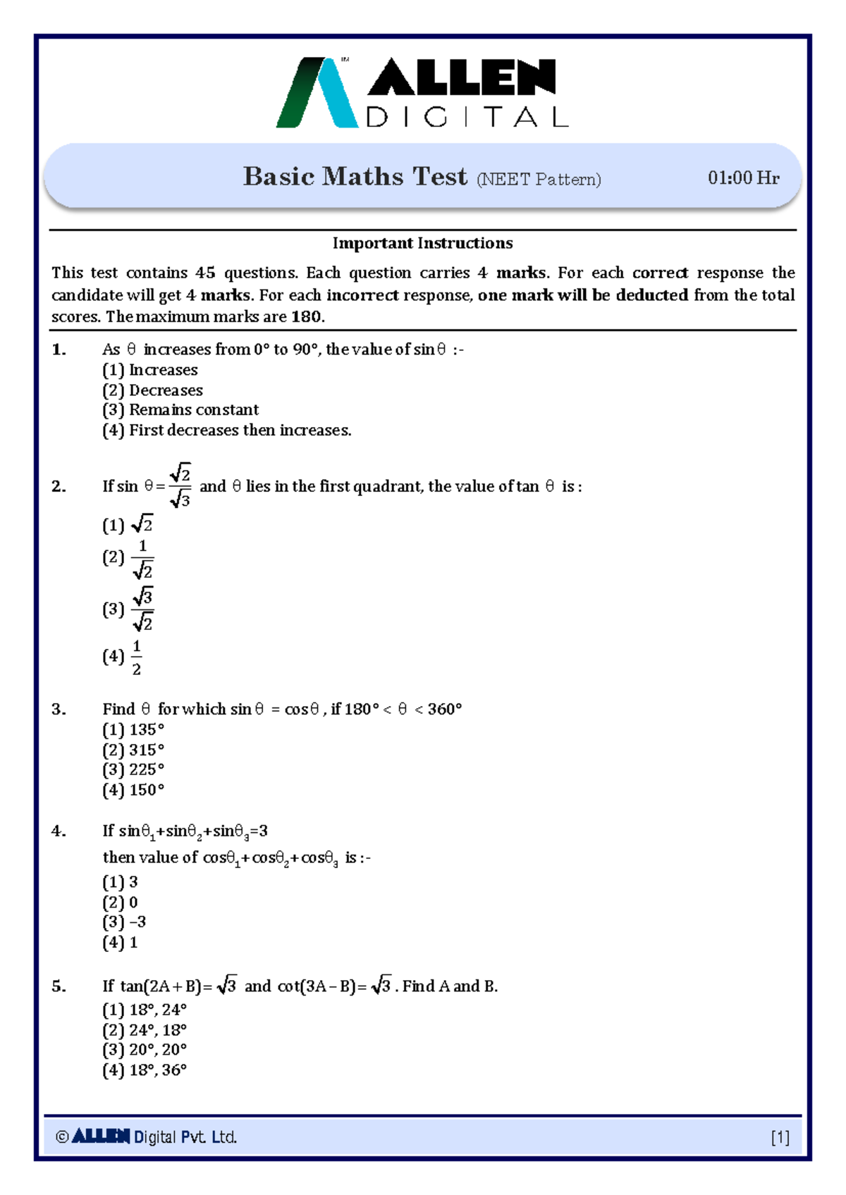 Basic Math Exercise-1 - Best - Important Instructions This test ...