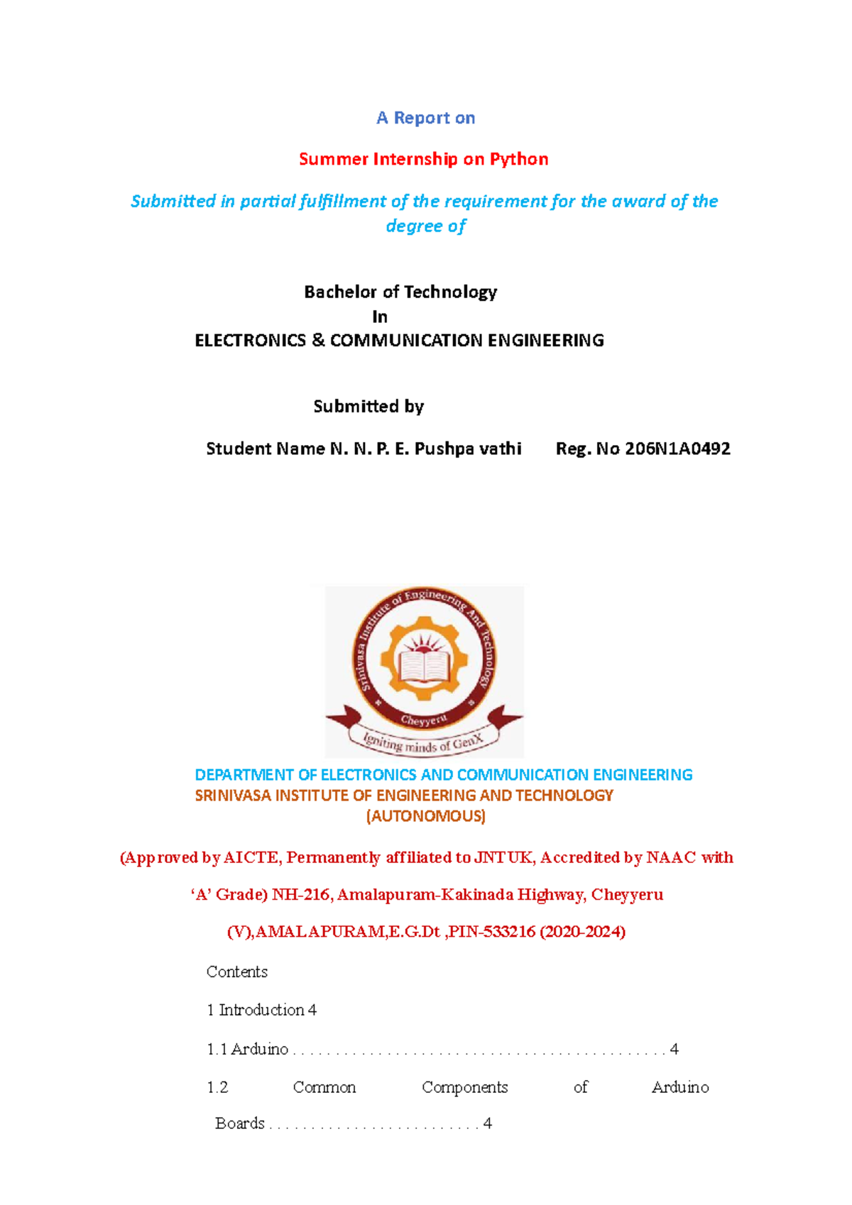 Aurdino project - A Report on Summer Internship on Python Submitted in ...