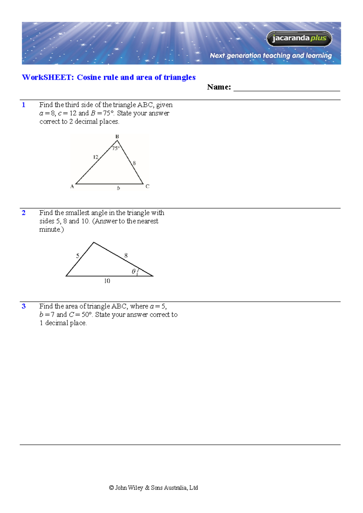 Worksheet Cos Rule Triangle Areas - WorkSHEET: Cosine rule and area of ...