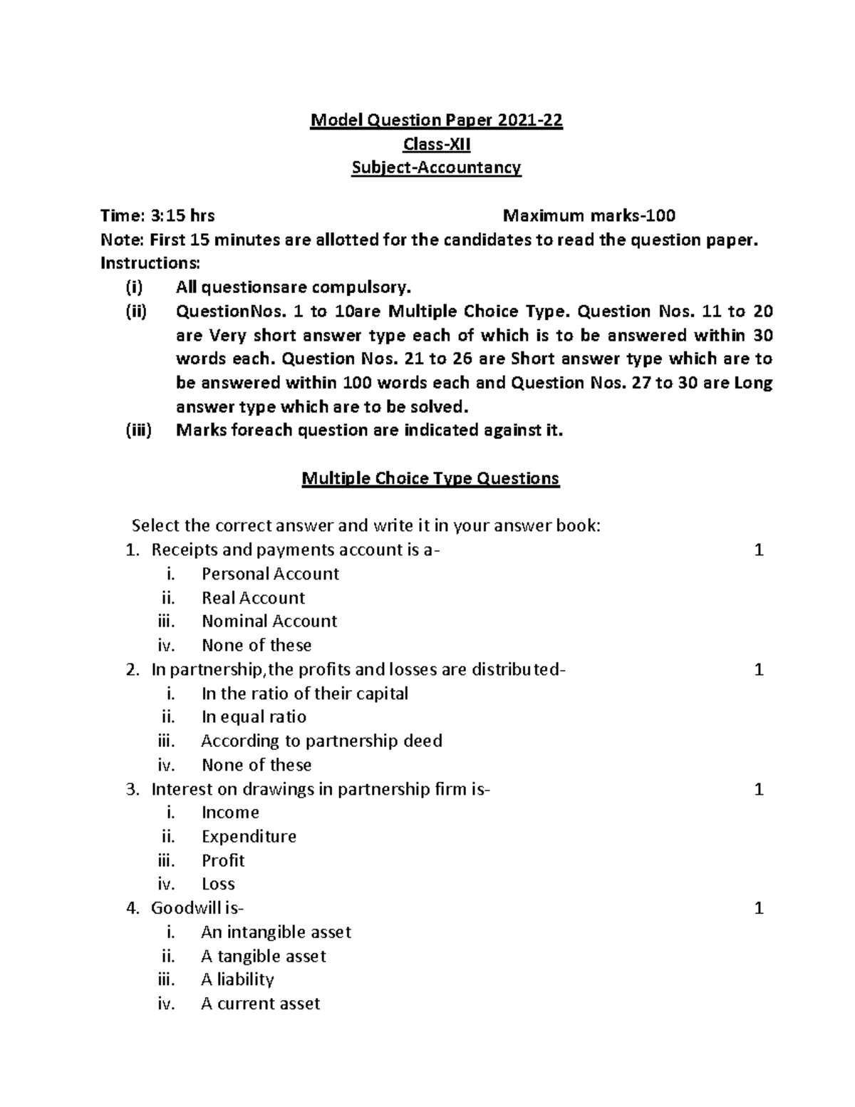 156-Accountancy E - Model Question Paper 2021- Class-XII Subject ...