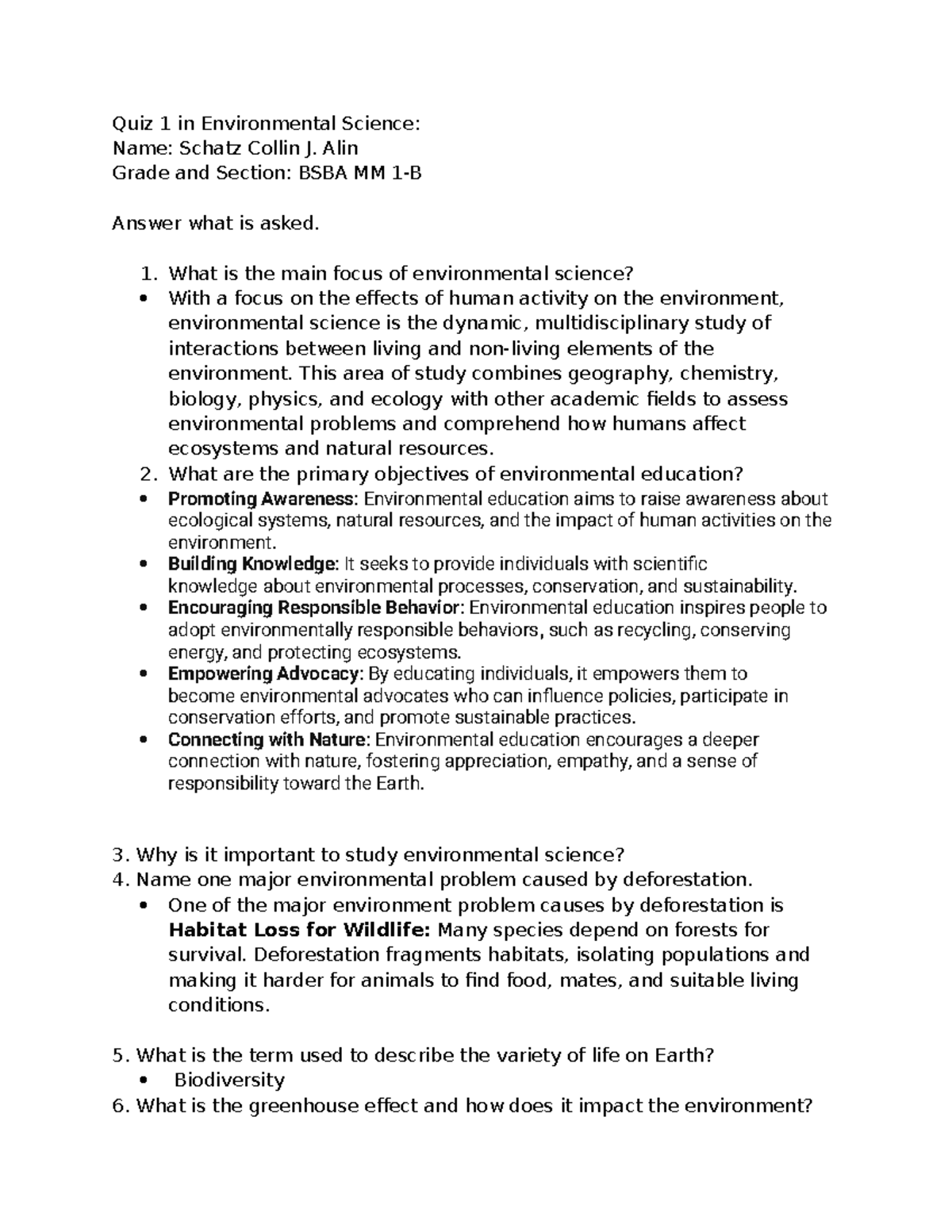 Quiz 1 in Environmental Science - Quiz 1 in Environmental Science: Name ...