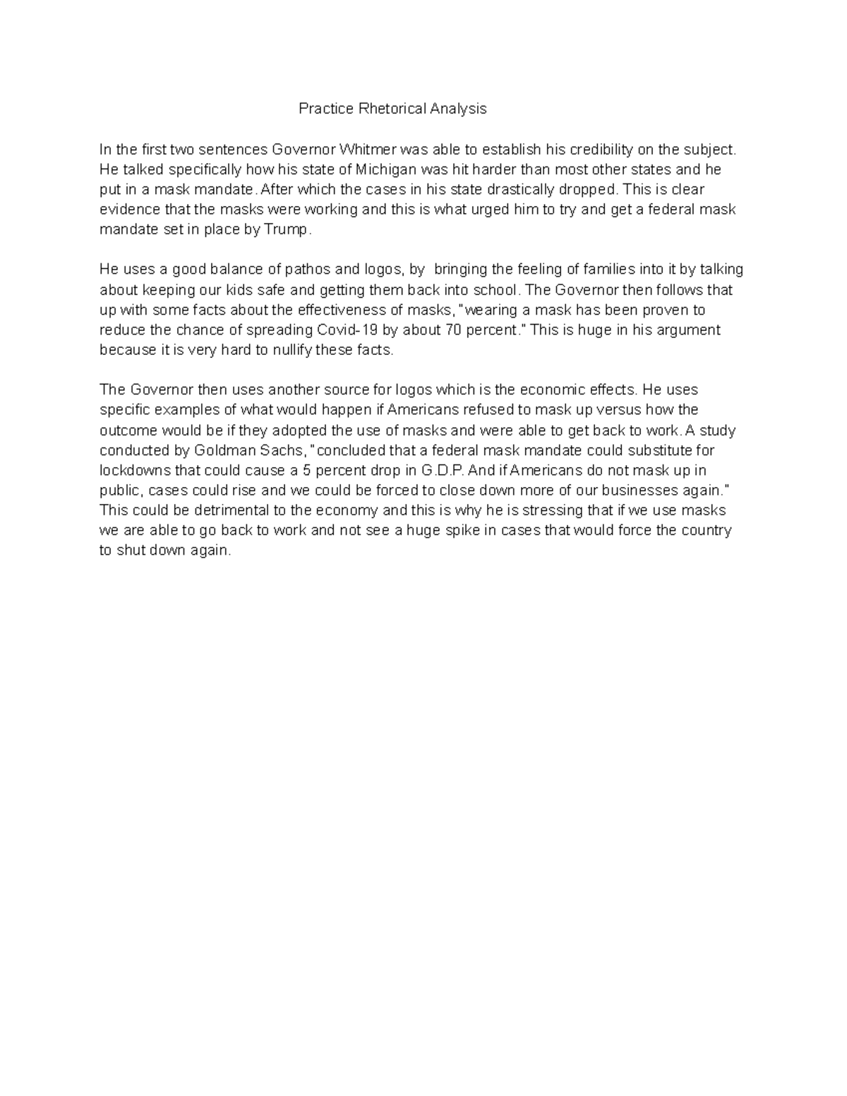 Practice Rhetorical Analysis - He talked specifically how his state of ...