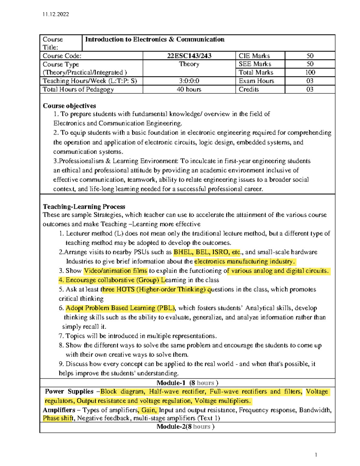 22ESC143 - SYLLABUS COPY OF ESC - Course Title: Introduction to ...
