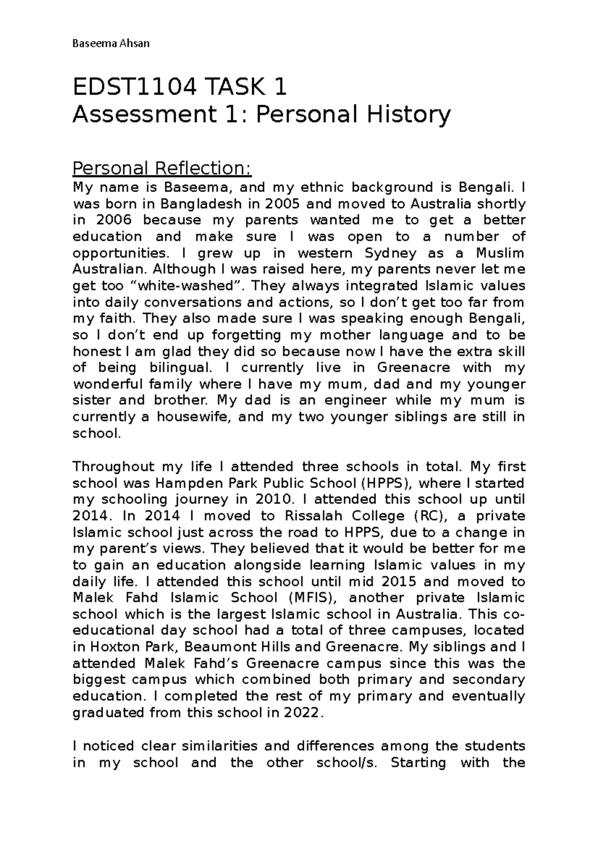 EDST1104 Task 1 - Assessment task 1 for EDST 1108 UNSW - EDST1104 TASK ...