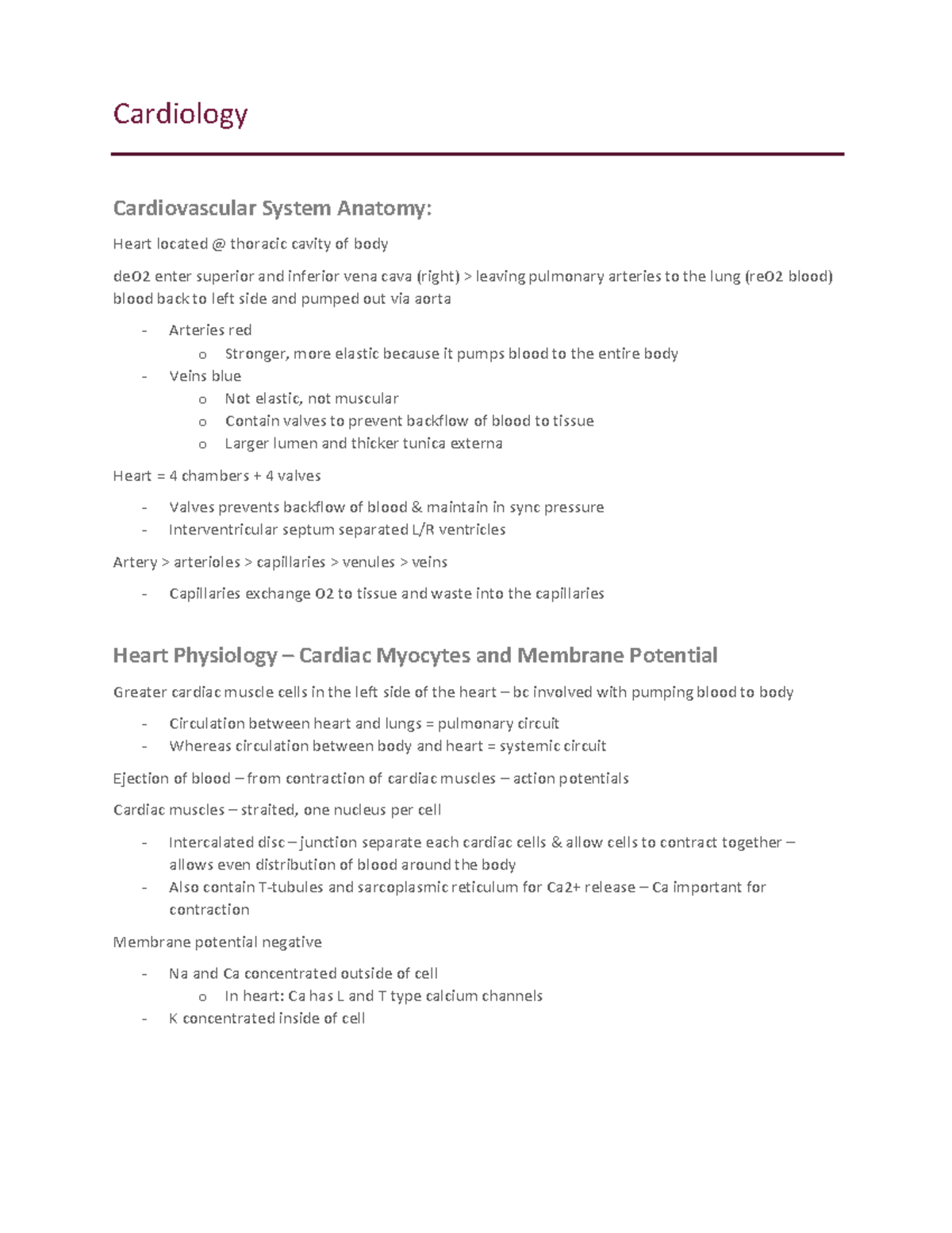 Cardiology - Summary - Cardiology Cardiovascular System Anatomy: Heart ...