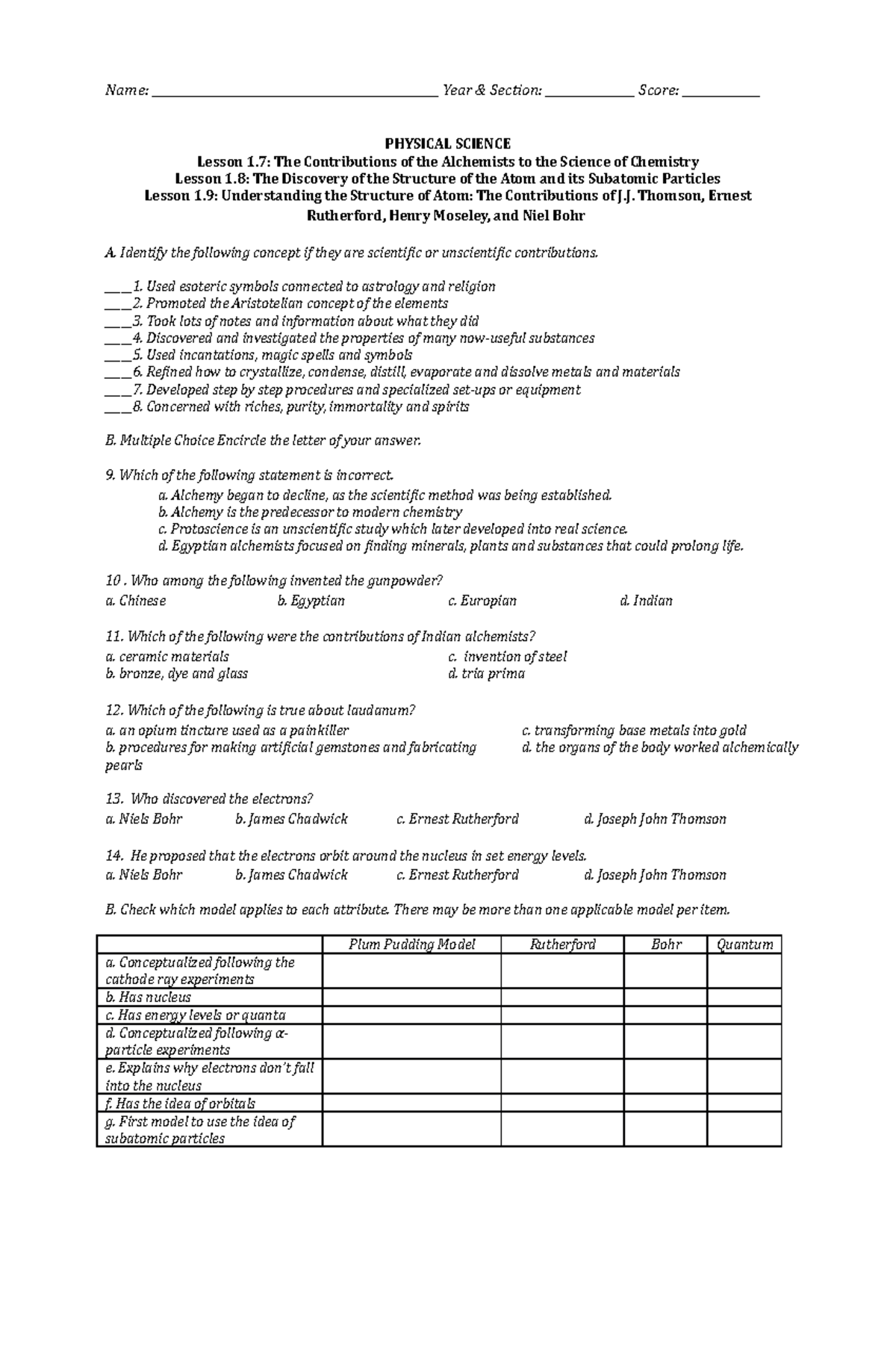 Quiz (The Contributions of the Alchemists to the Science of Chemistry ...
