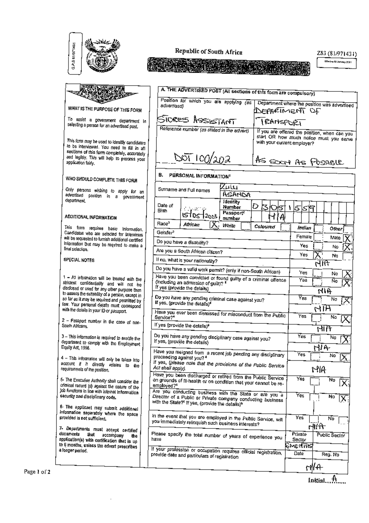 Principles of taxation - Republic of South Africa Z83 Effective 01 January 2021 APPLICATION FOR ...