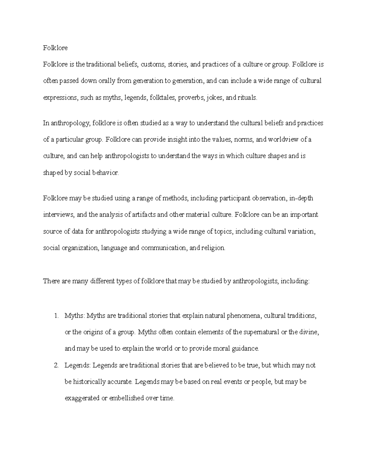 Anthropology(Folklore - Folklore Folklore is the traditional beliefs ...