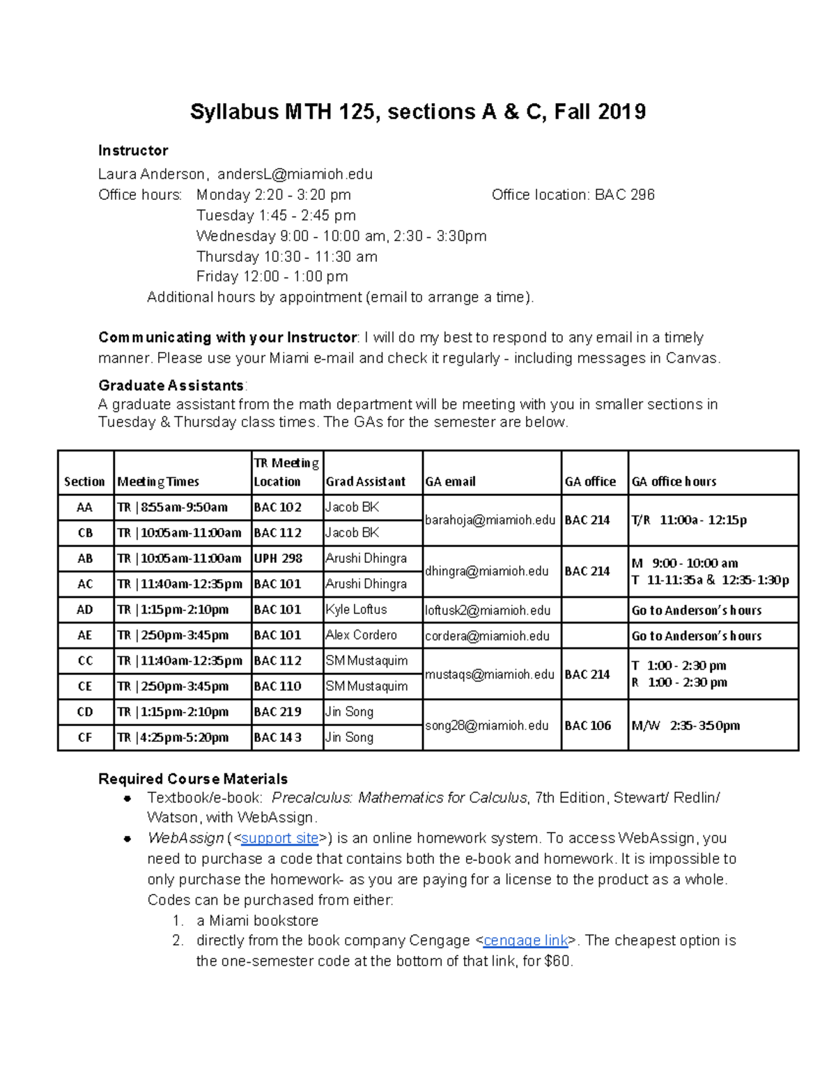 MTH 125 Syllabus, Fall 2019 - Syllabus MTH 125, sections A & C, Fall ...