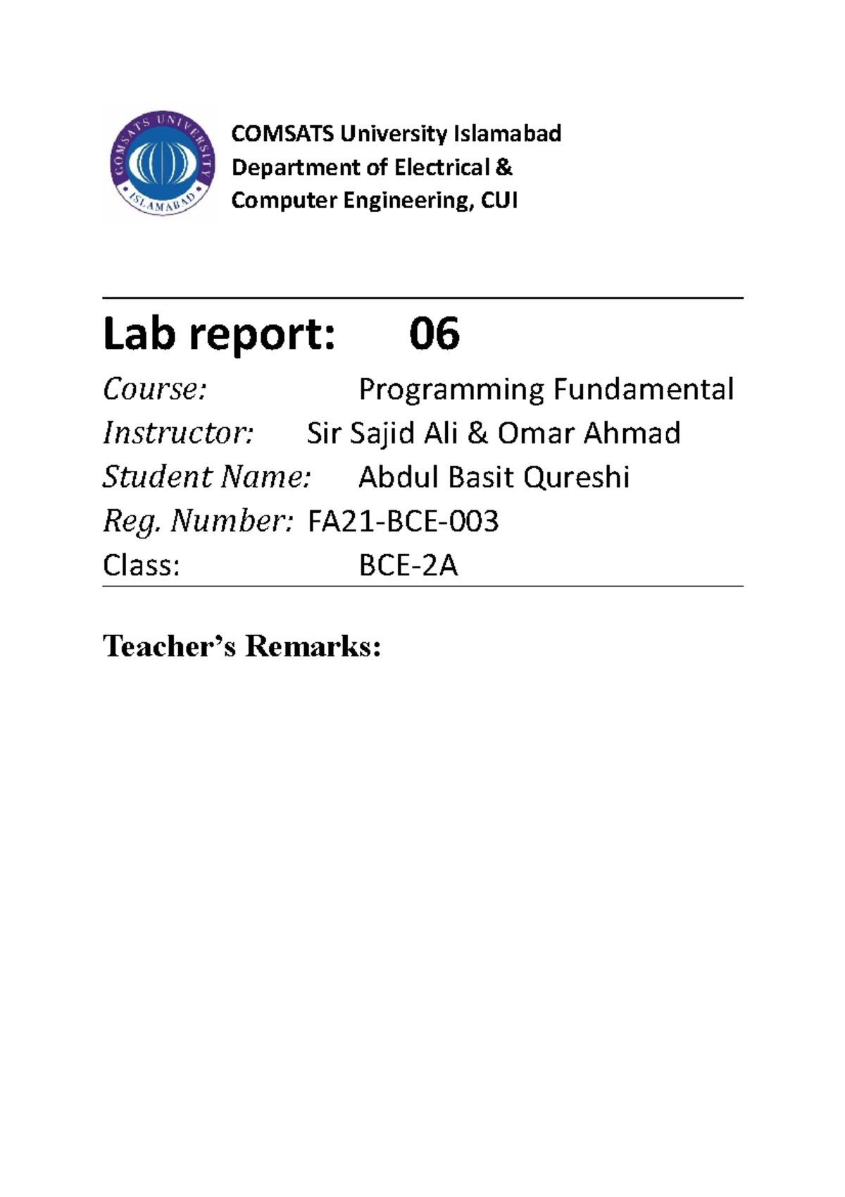 Lab Report 6 Lab Report 06 Course Programming Fundamental Instructor Sir Sajid Ali And Omar