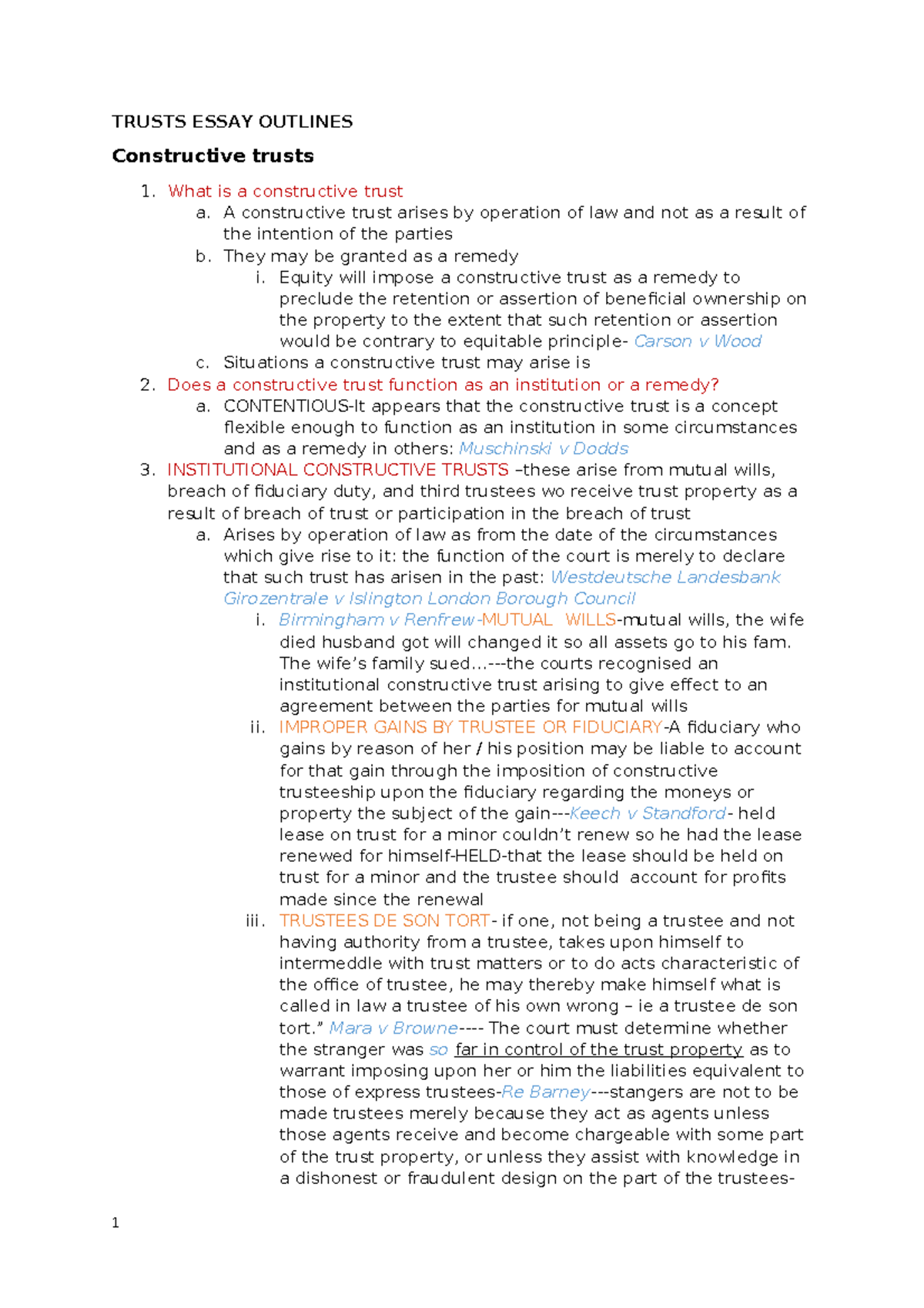 Trusts Essay Outlines 2 - TRUSTS ESSAY OUTLINES Constructive trusts 1 ...