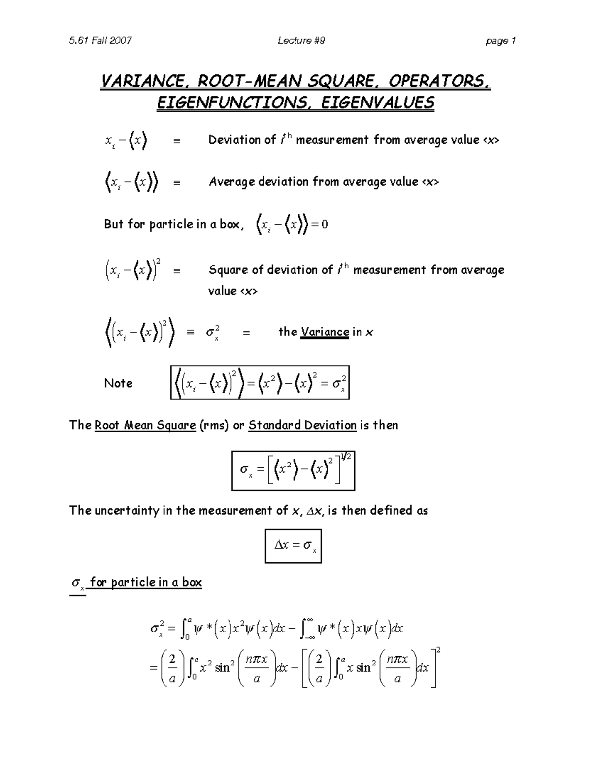 Quantum Quick Reading Material 9 - 5 Fall 2007 Lecture page 1 VARIANCE ...