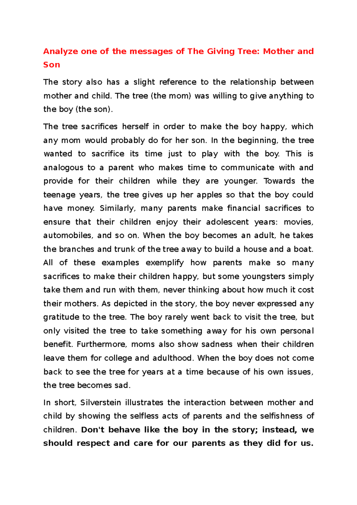 The Giving Tree - Preview - Analyze one of the messages of The Giving ...