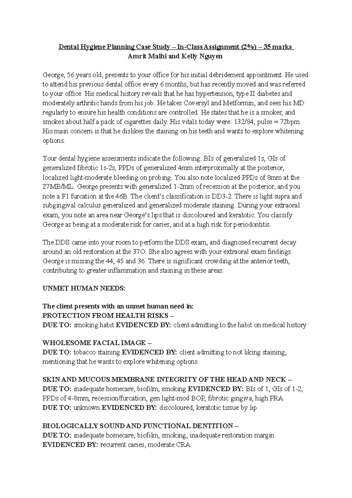 DH Principles l V Week 4 Assignment - Dental Hygiene Planning Case ...