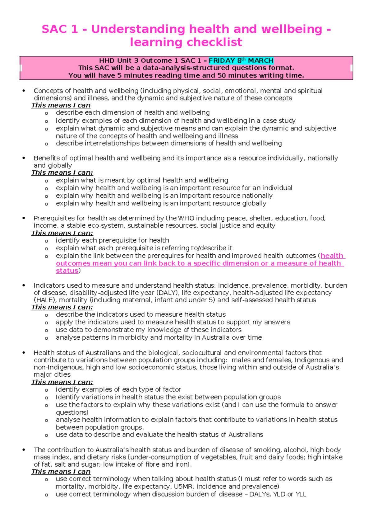 Unit 3 SAC 1 PREP Sheet 2024 - SAC 1 - Understanding health and ...