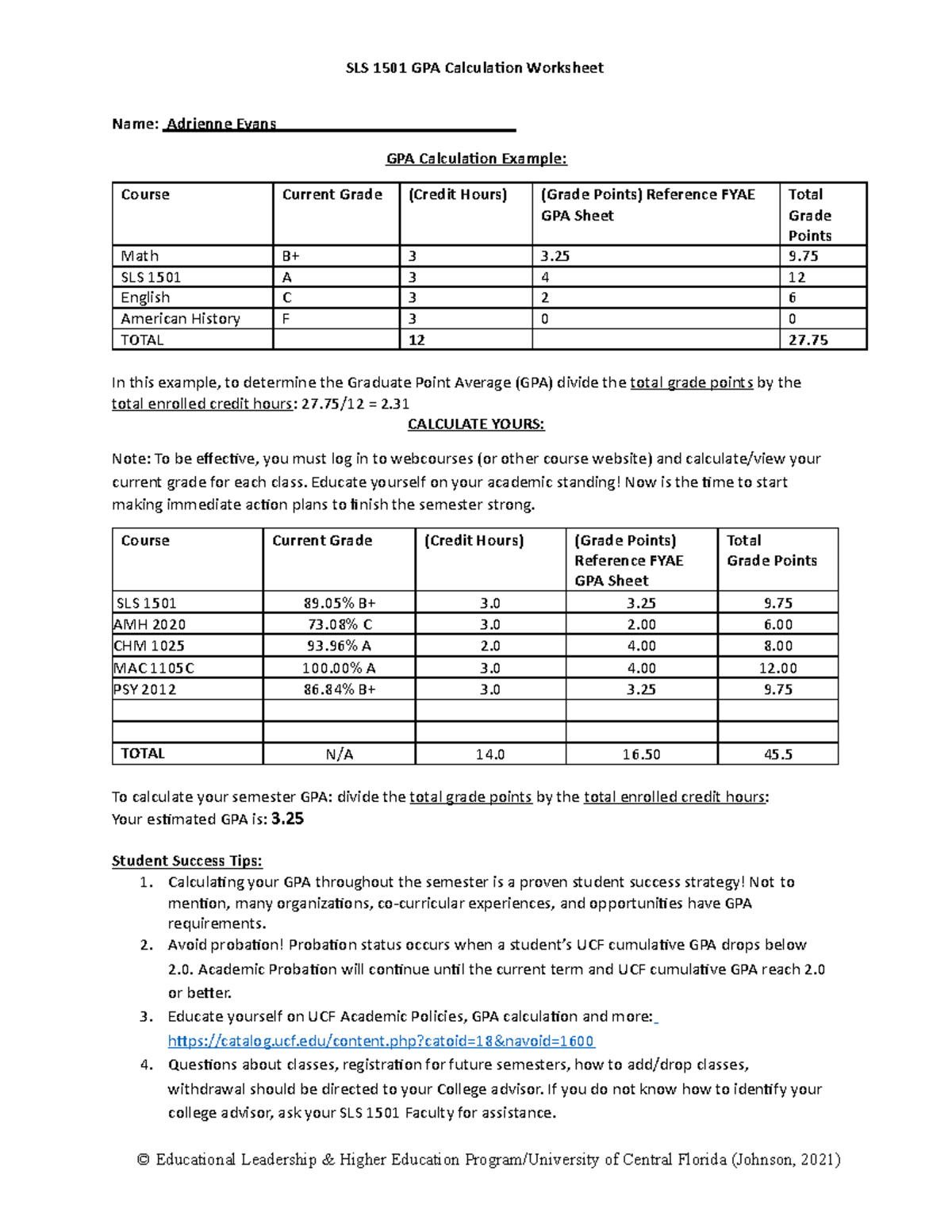 SLS 1501 GPA Calculation Worksheet - Adrienne Evans, Williams - SLS ...