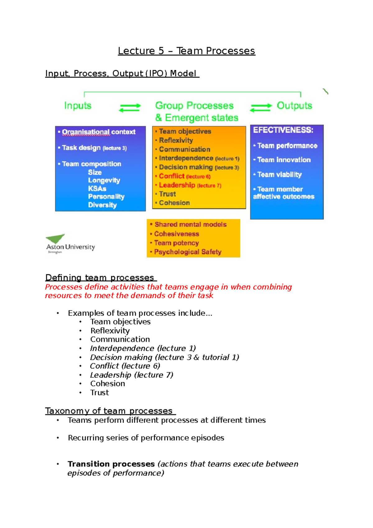 Lecture 5 – Team Processes - Lecture 5 – Team Processes Input, Process ...