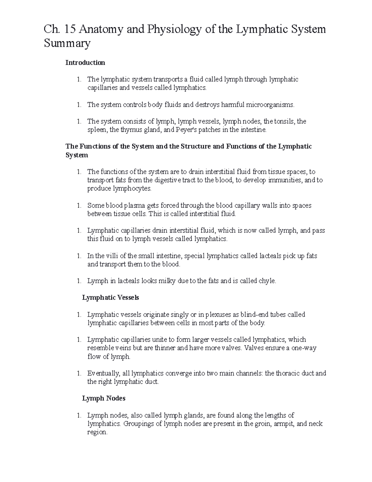 Ch. 15 Anatomy and Physiology of the Lymphatic System Summary - Summary ...