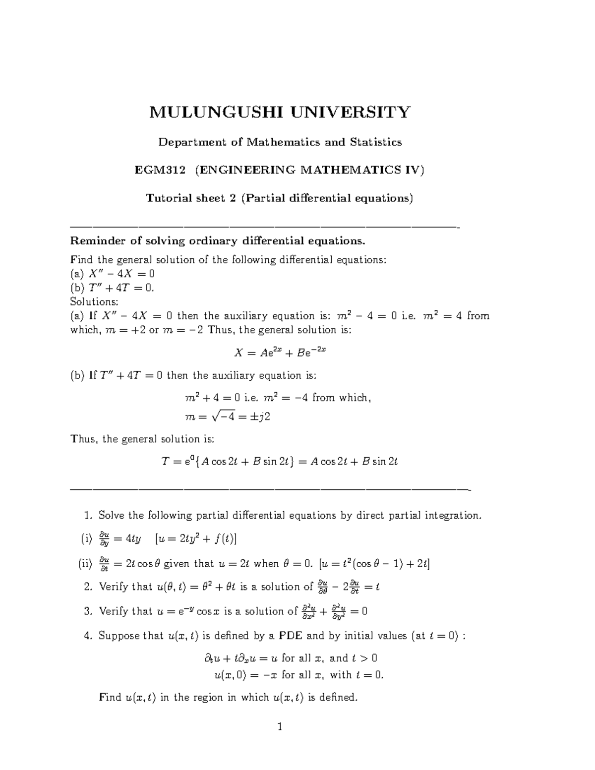EGM312 Toturial 2 - PDE ENGINEERING MATHEMATICS, YEAR 2 ENGINEERING ...