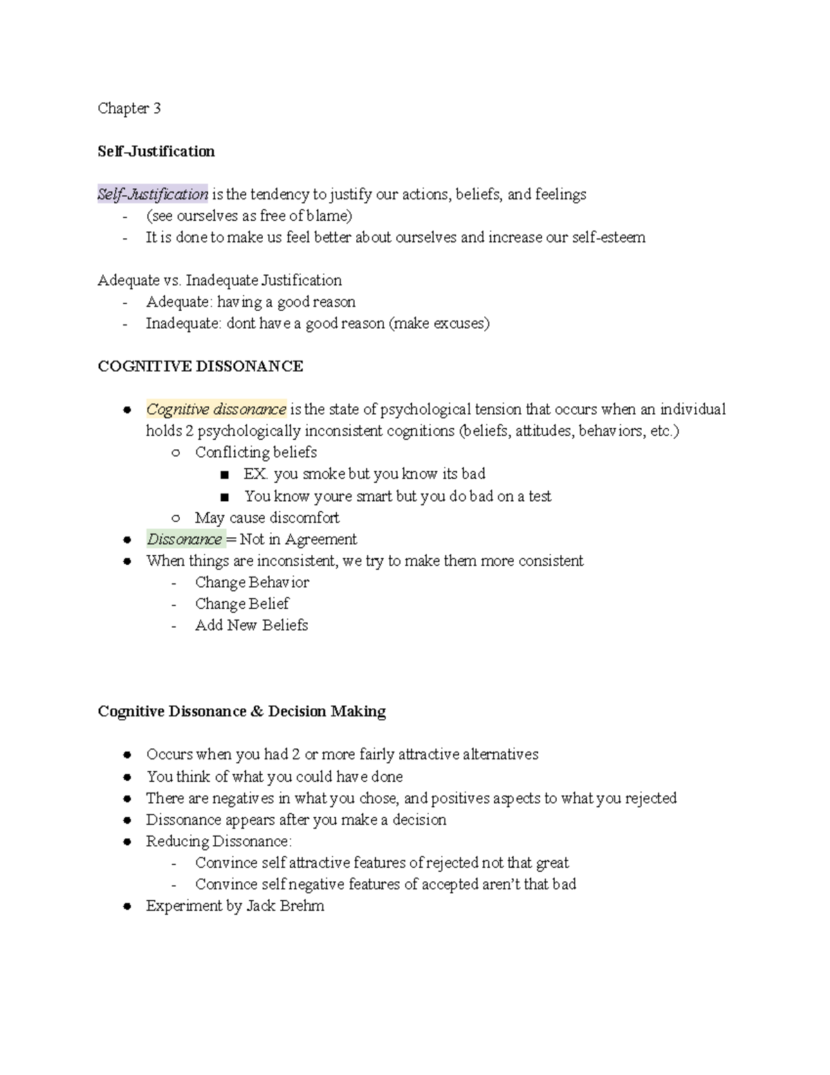 Psych 104 chapter 3 - Chapter 3 Self-Justification Self-Justification ...