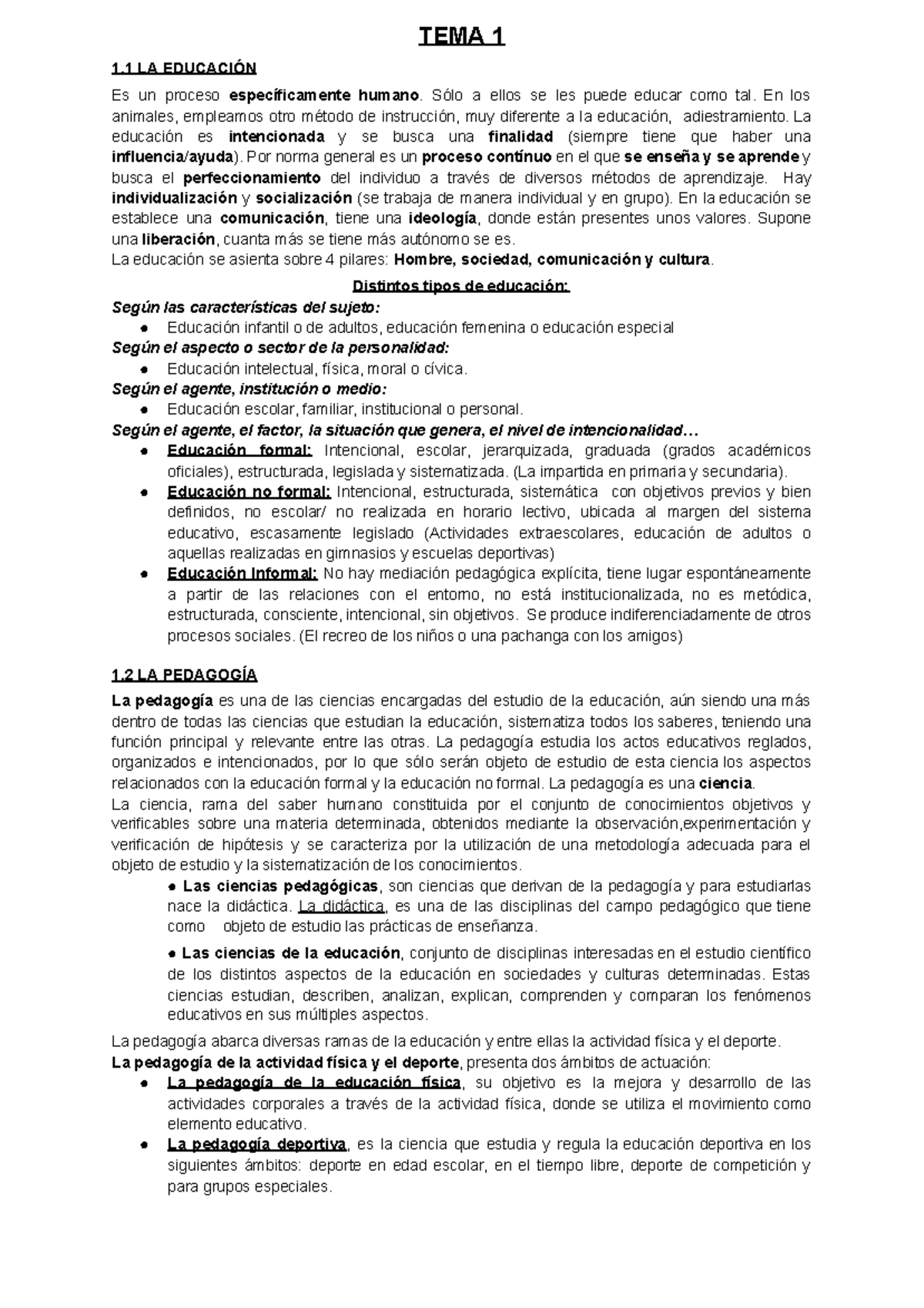 Apuntes pedagogía - 1ºINEF pedagoxía - TEMA 1 1 LA EDUCACIÓN Es un ...