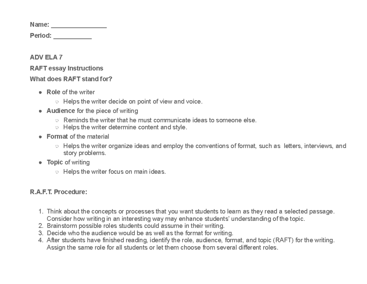 Outsiders-RAFT - the work requirments - Name: ________________ Period ...