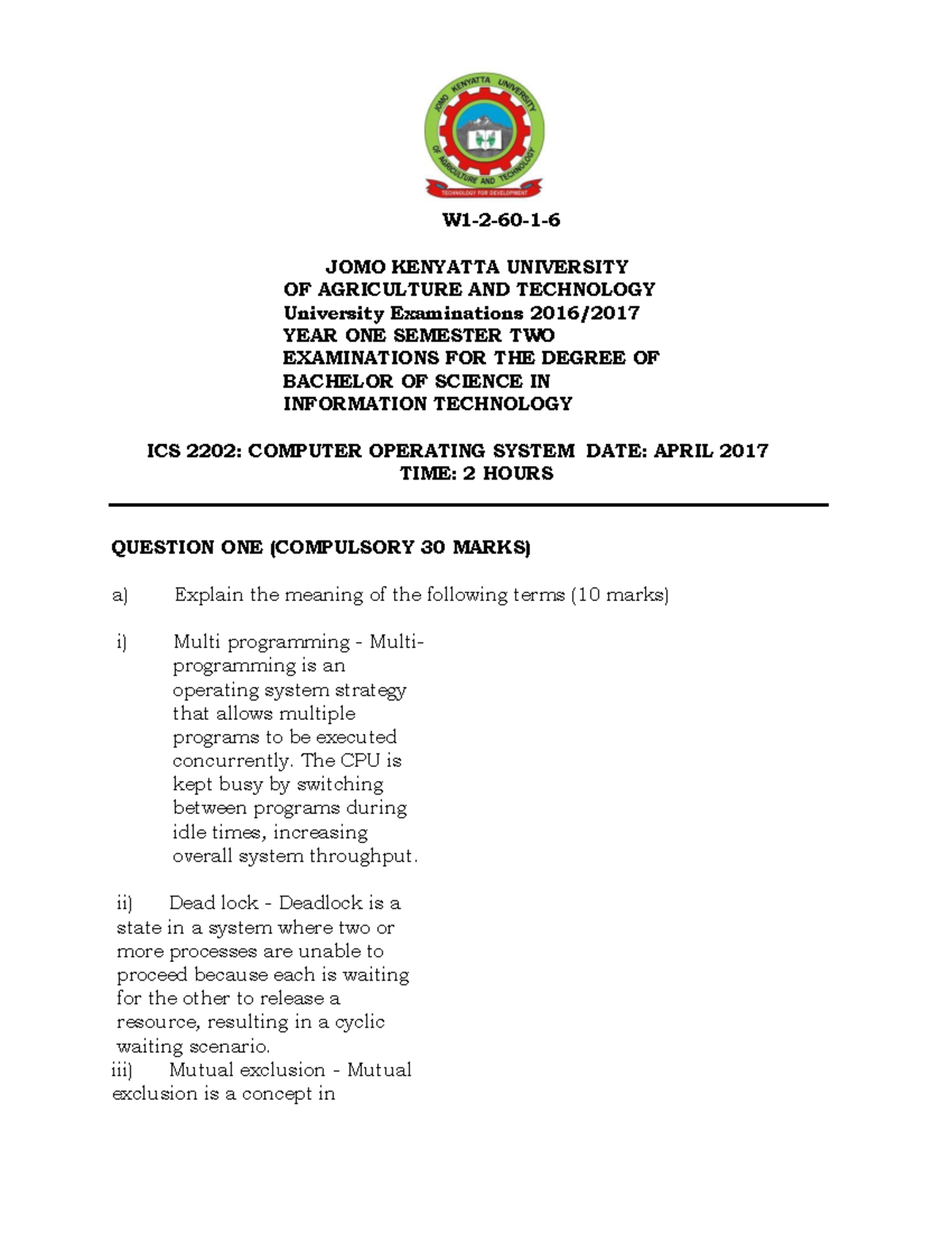 ICS 2202 Computer Operating System - W1- 2 - 60 - 1 - 6 JOMO KENYATTA ...