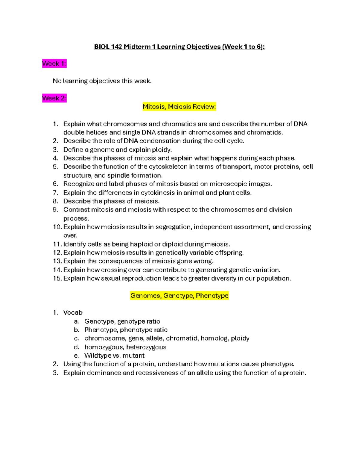 BIOL 142 Final Exam Learning Objectives (All Weeks) - BIOL 142 Midterm 1 Learning Objectives ...
