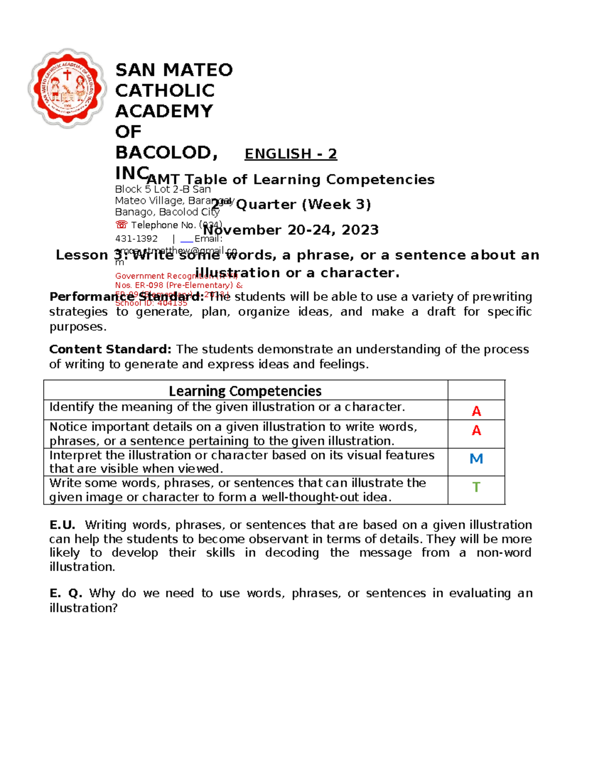 Grade 2 English - AMT - SAN MATEO CATHOLIC ACADEMY OF BACOLOD, INC ...