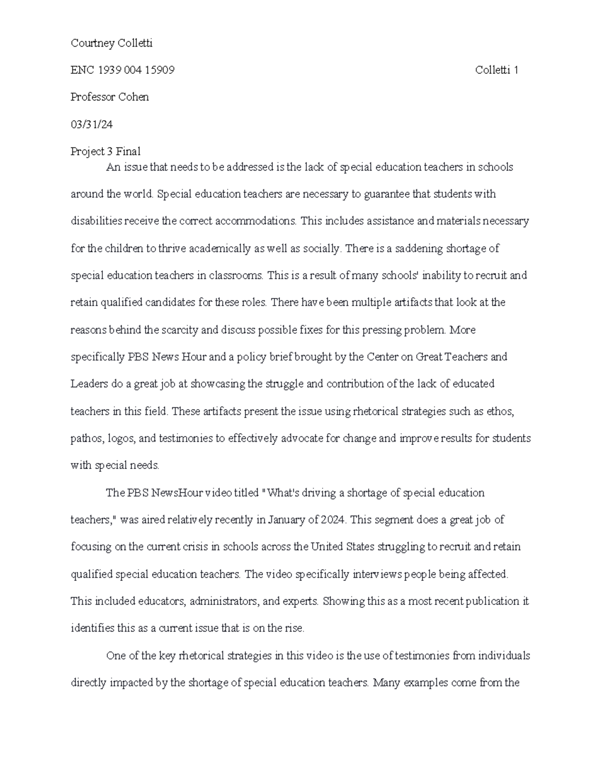 Essay 3 ENC1101 - Courtney Colletti ENC 1939 004 15909 Colletti 1 ...