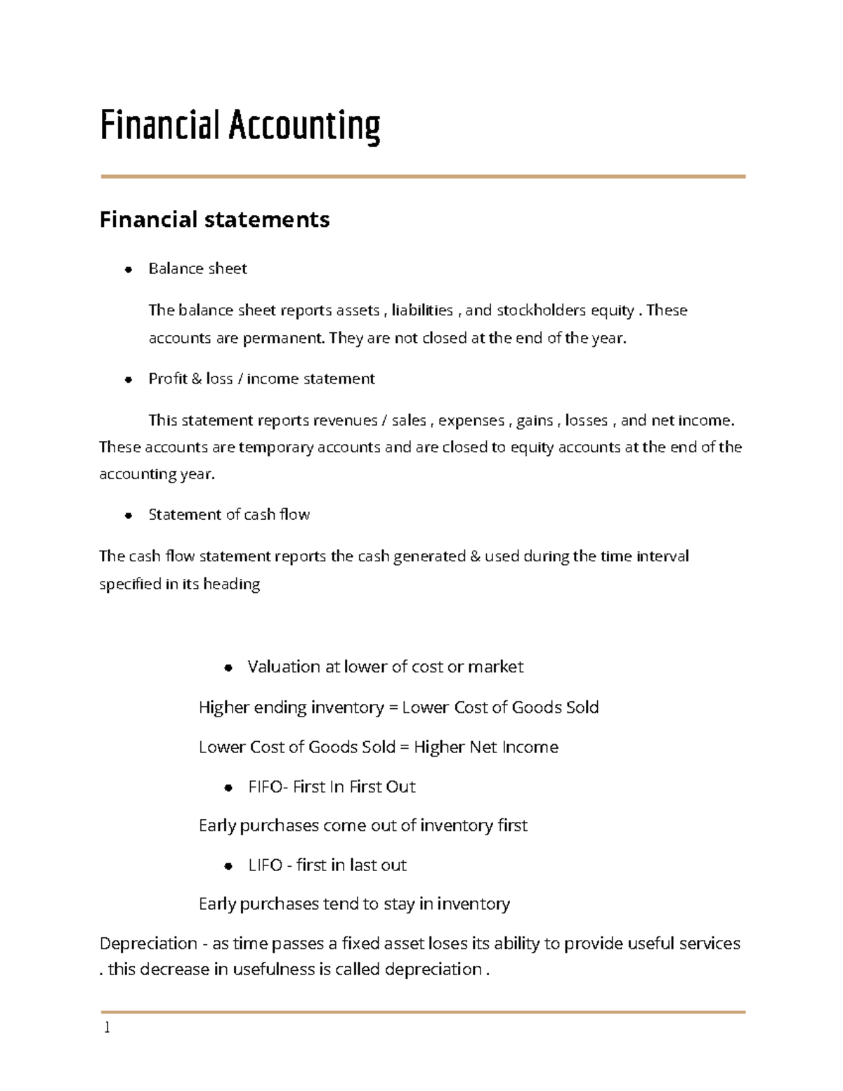Class notes - Financial Accounting Financial statements Balance sheet ...