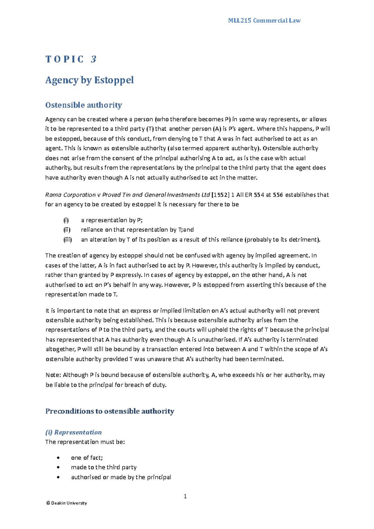 MLL215 Ostensible authority topic 3 - T O P I C 3 Agency by Estoppel ...