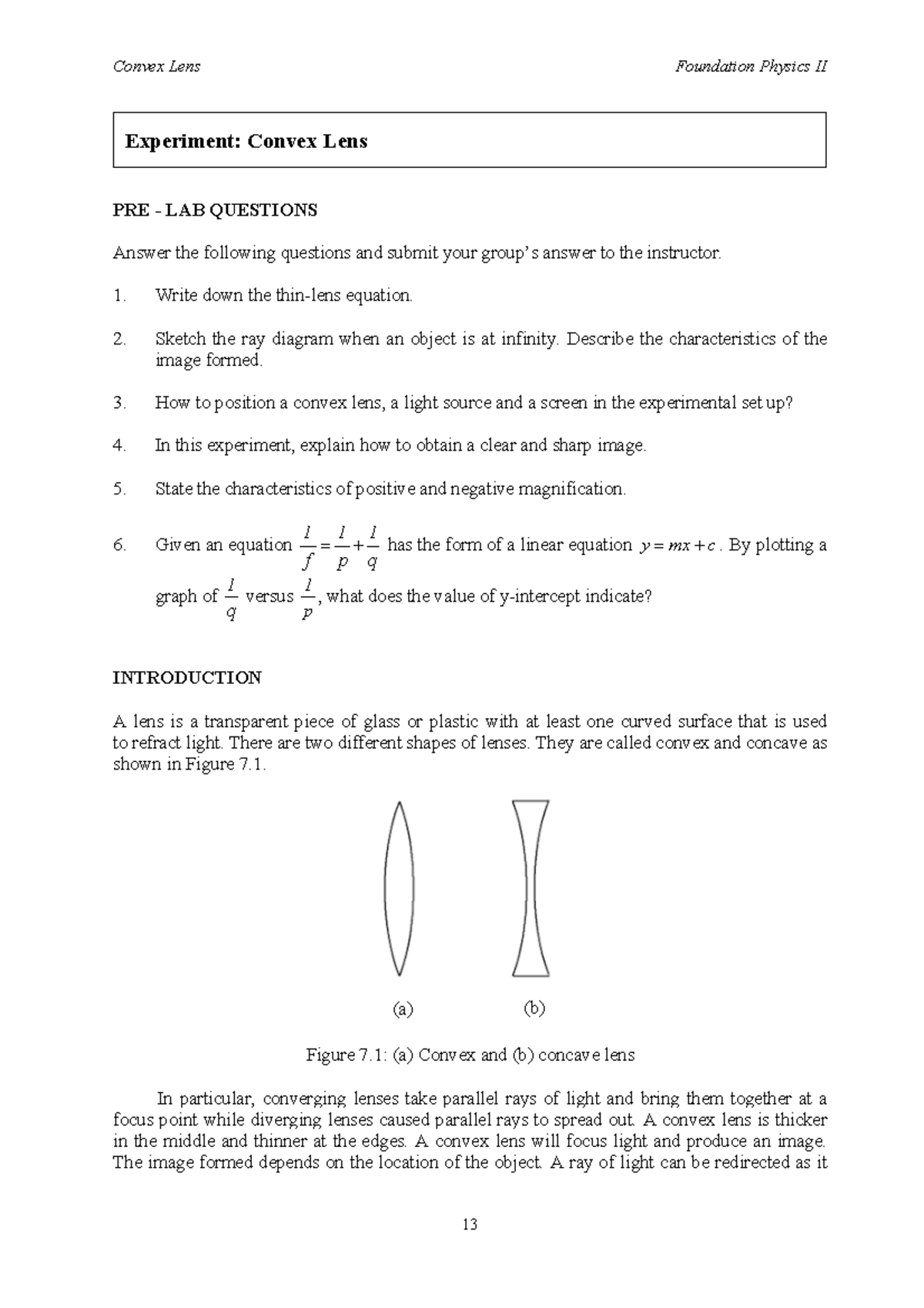 Convex lens exp - Convex Lens Foundation Physics II 13 PRE - LAB ...