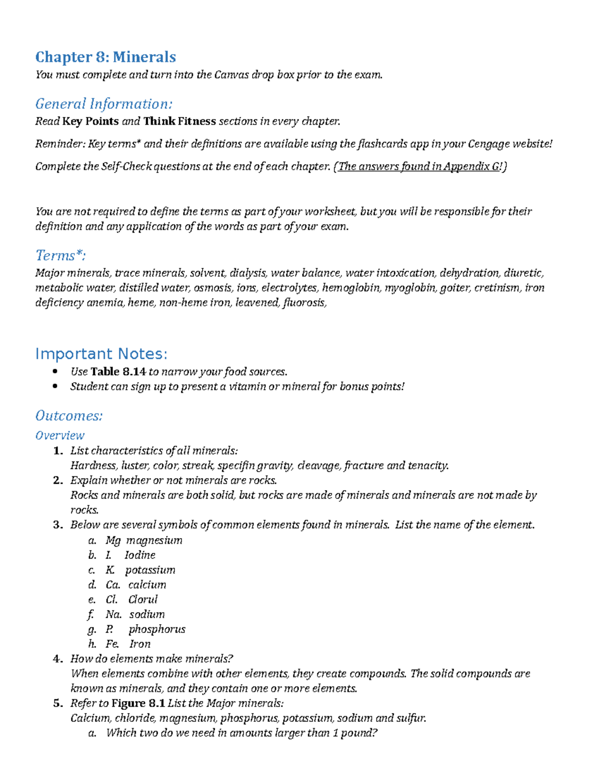 Chapter 8 outline - Chapter 8: Minerals You must complete and turn into ...