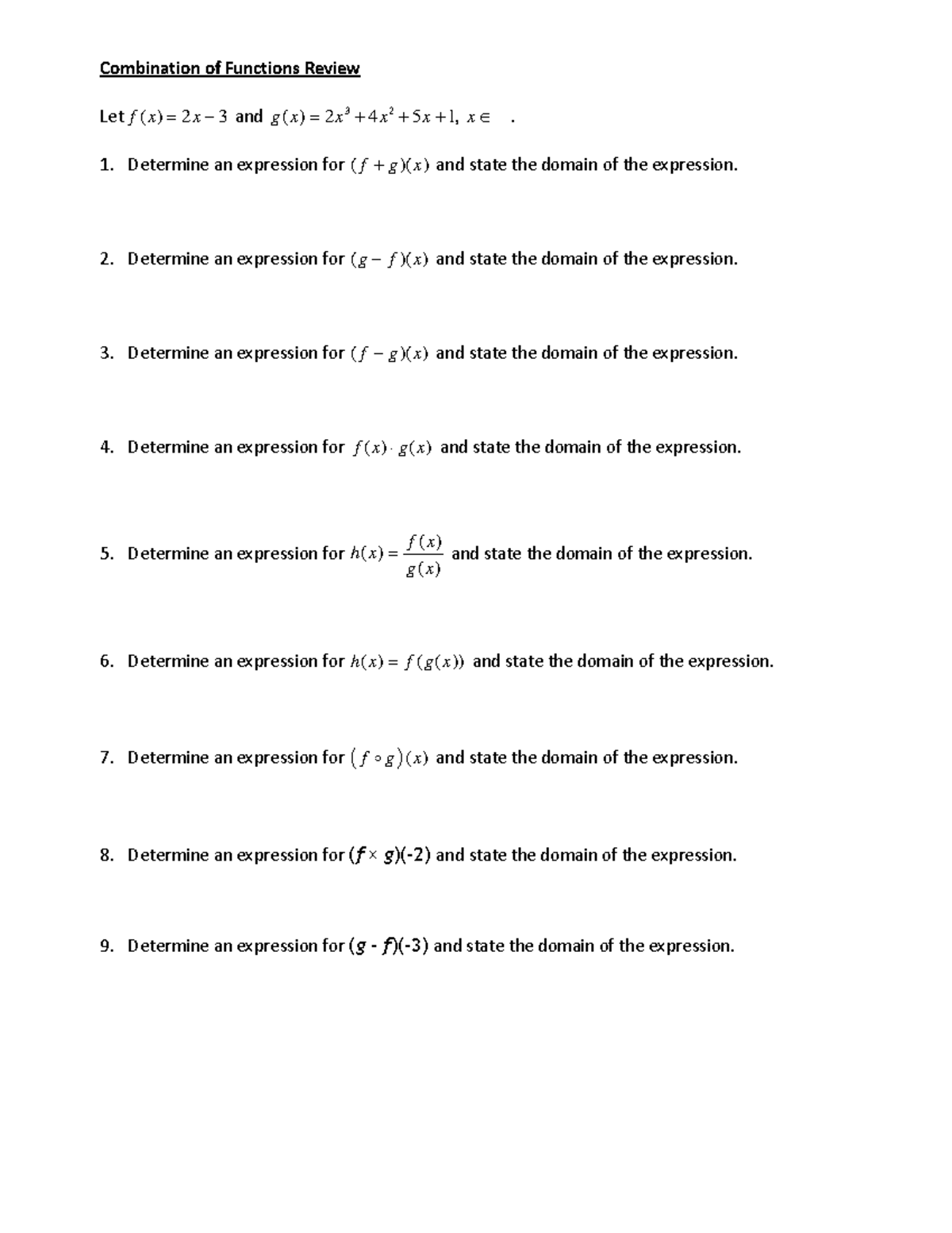Combination of Functions Review - Determine an expression for ( f +g ...